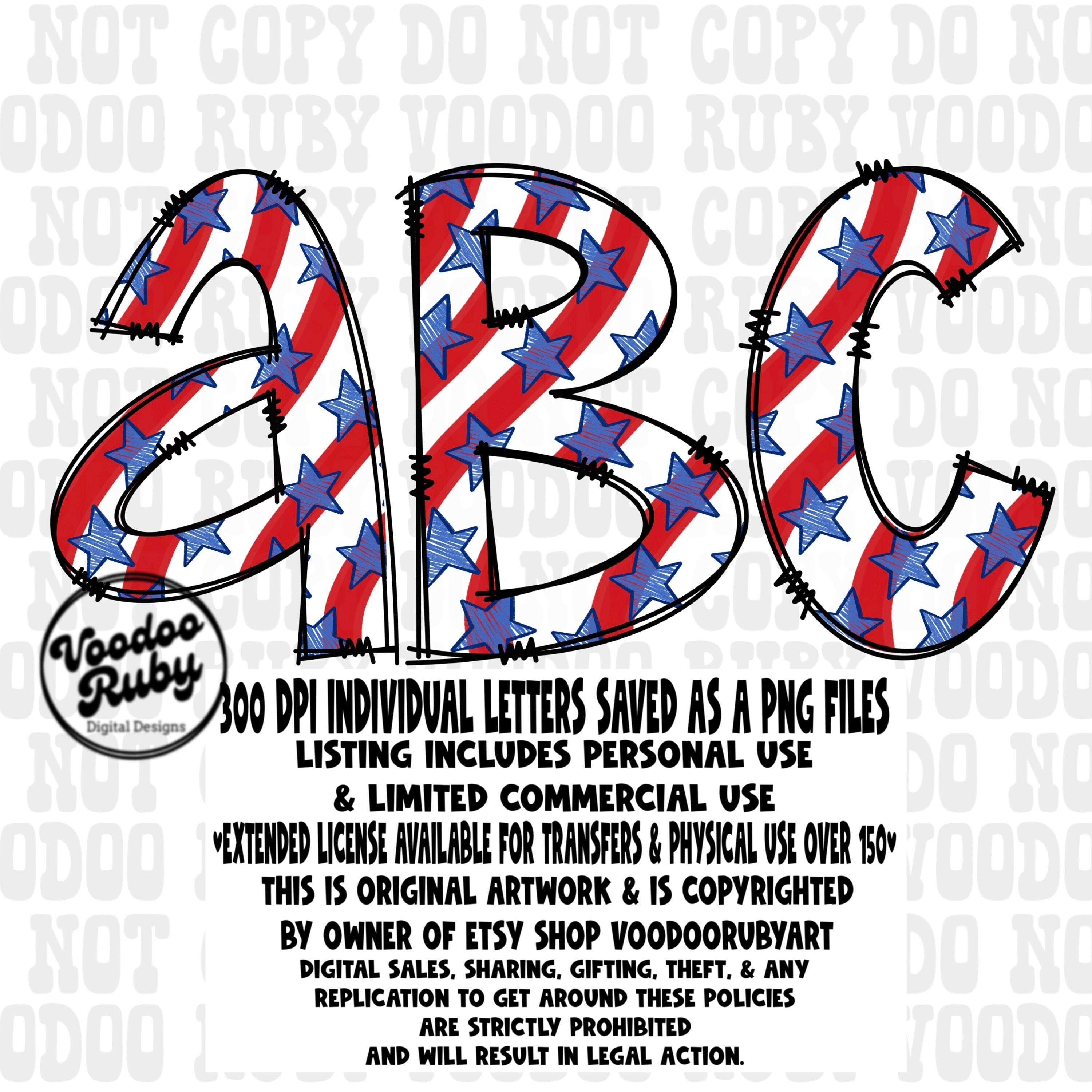 Patriotic Doodle Letters PNG Bundle: USA 4th of July Alphabet (Digital ...